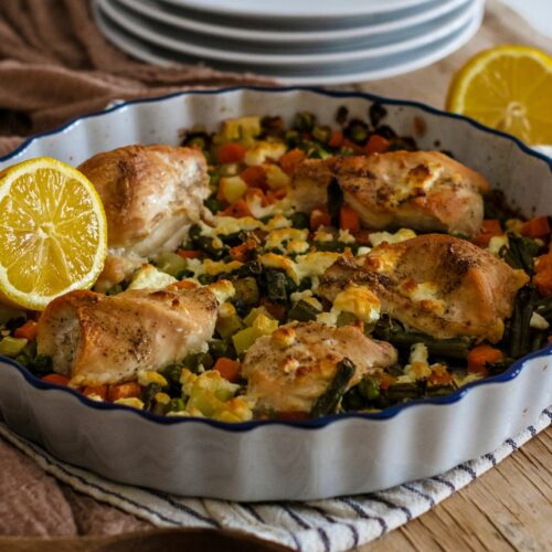 One-Tray Roasted Chicken And Vegetables With Feta Cheese